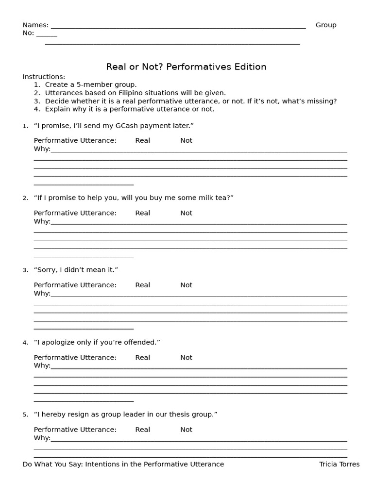 Perforative Utterance Activity Workshop | PDF