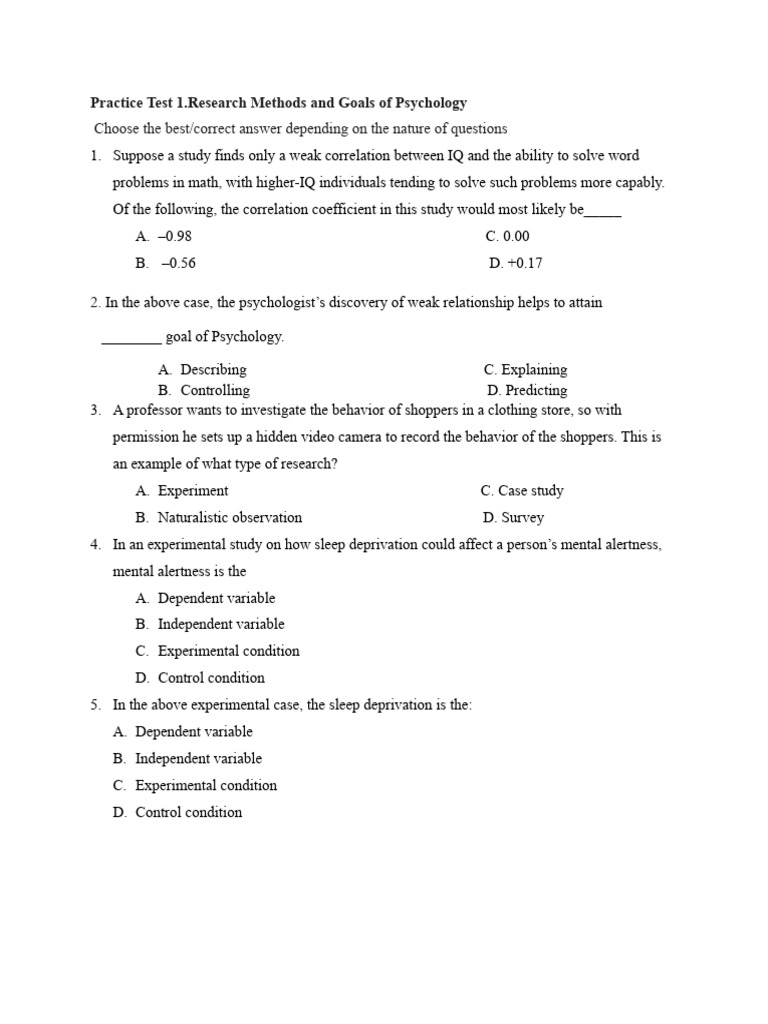 Psychology Research Methods Practice Test | PDF | Psychology | Experiment