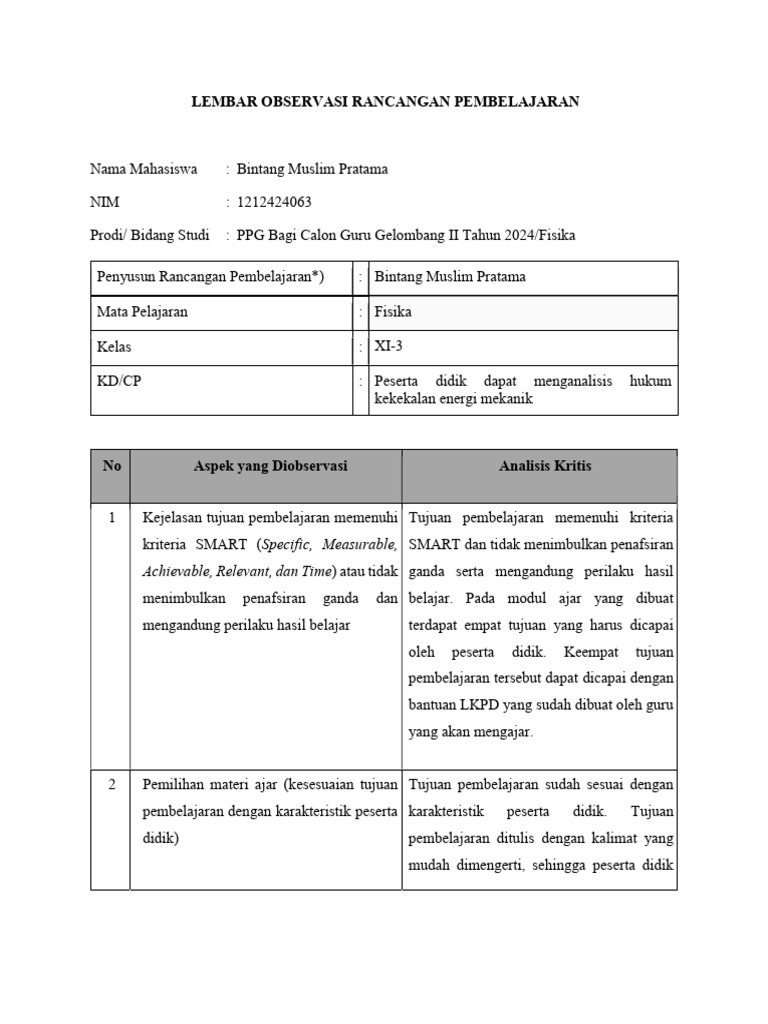 01 05 6 B4 4 Lk 3 Lembar Observasi Rancangan Dan Perangkat Pembelajaran Siklus 1 Bintang