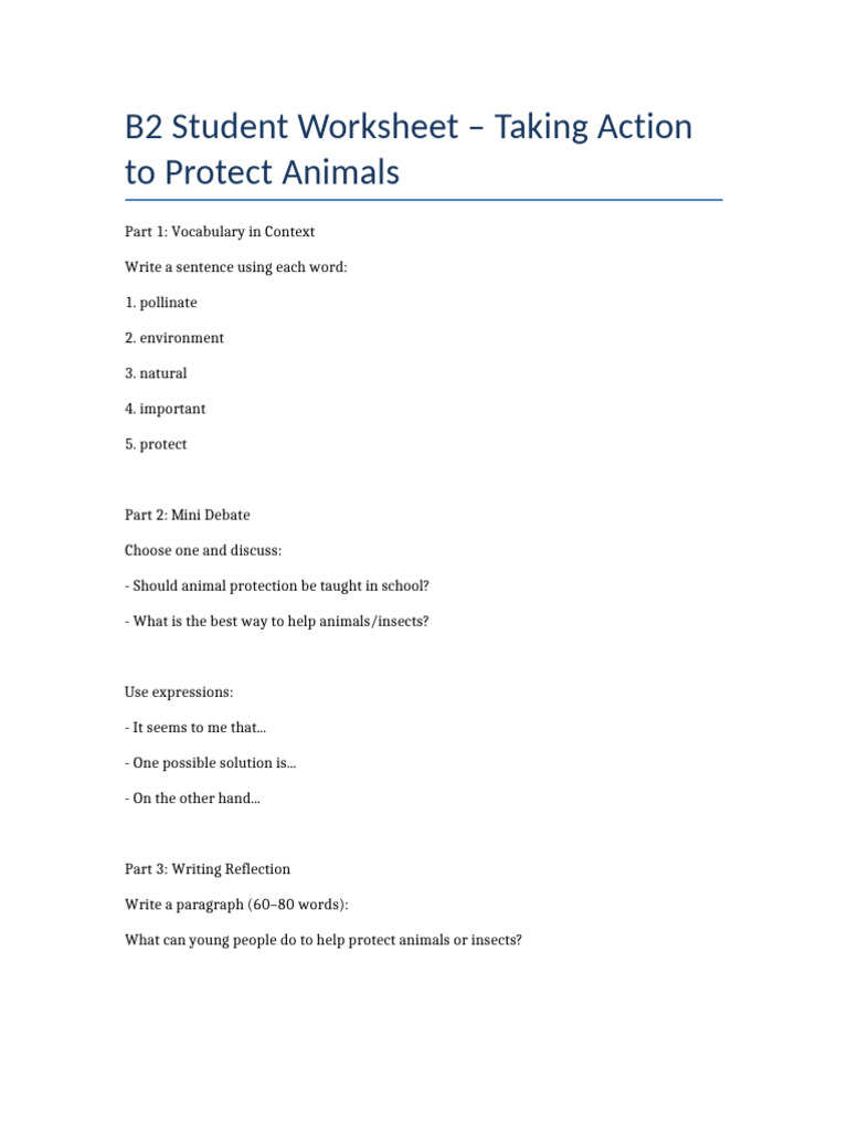 B2 Animal Protection Worksheet | PDF