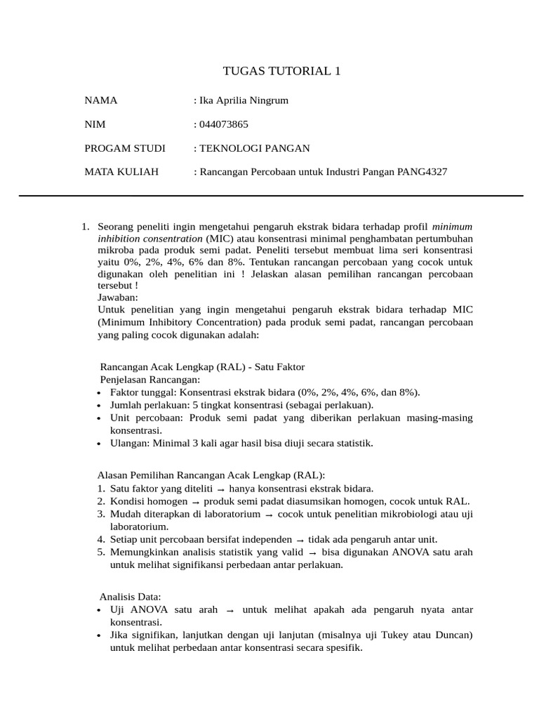 Tugas 1 Rancangan Percobaan Ika Aprilia Ningrum | PDF