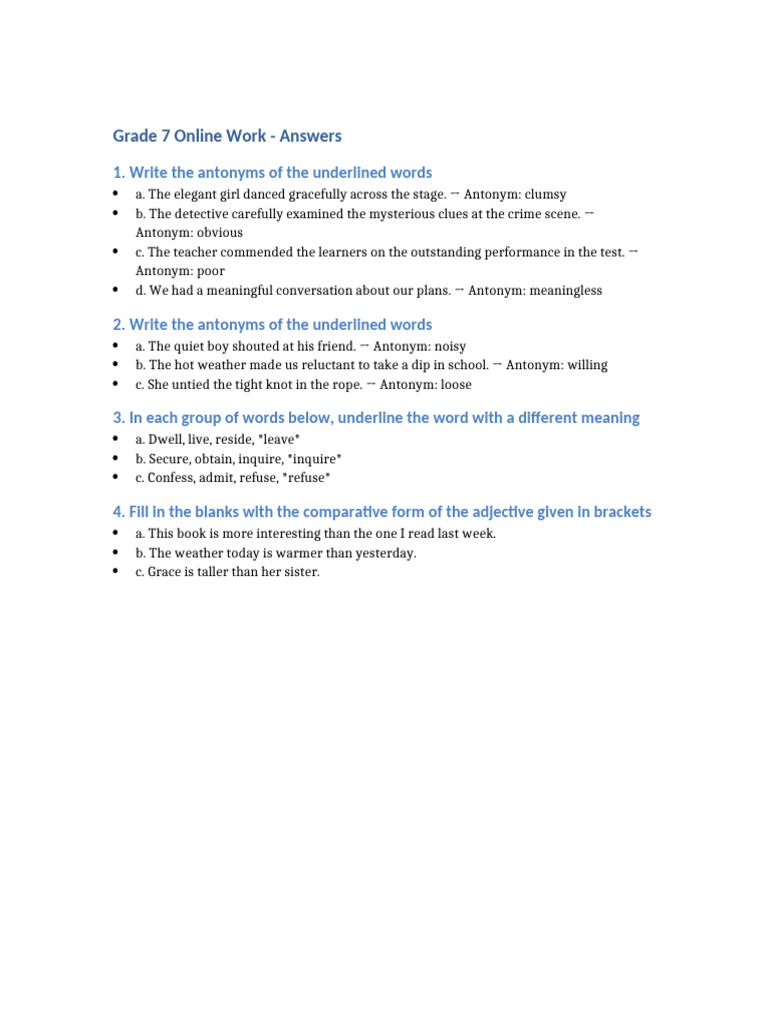 Grade 7 Online Work Answers | PDF
