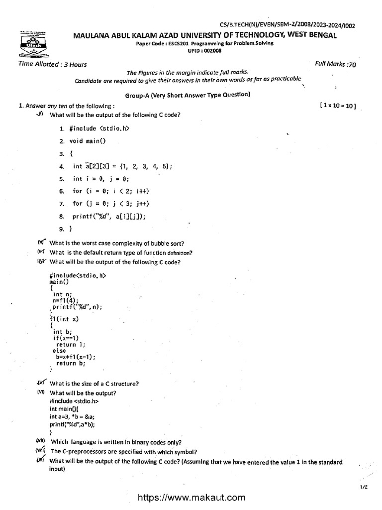 Btech Es Cs 2 Sem Programming For Problem Solving Escs201 2024 | PDF