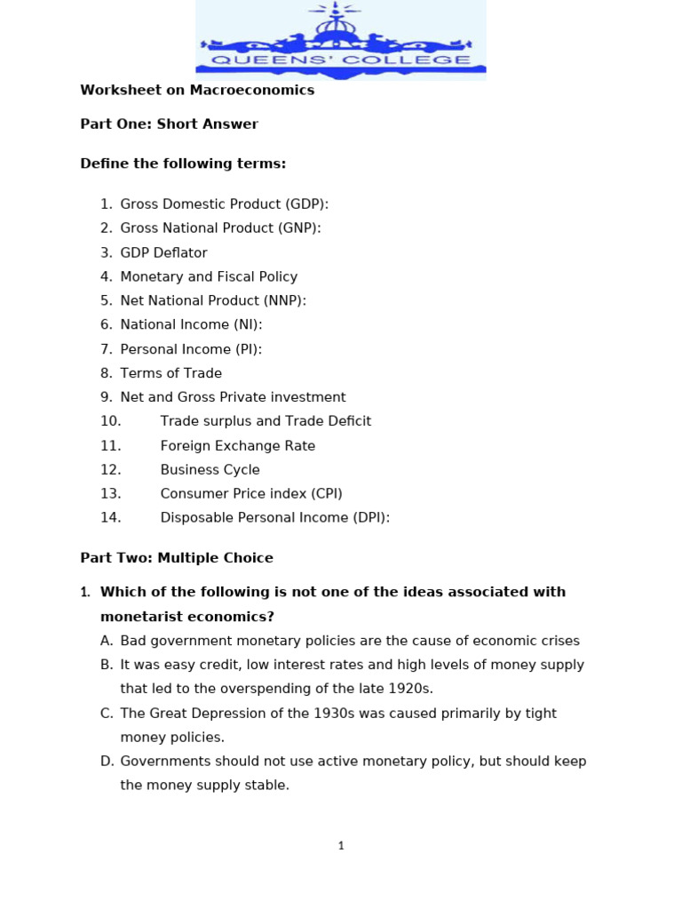 Macroeconomics Worksheet Overview | PDF | Fiscal Policy | Macroeconomics