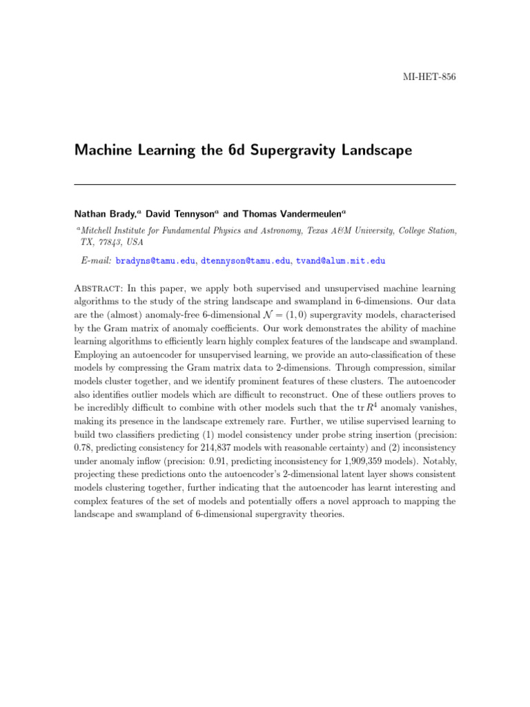 Machine Learning The 6d Supergravity Landscape: Nathan Brady, David ...