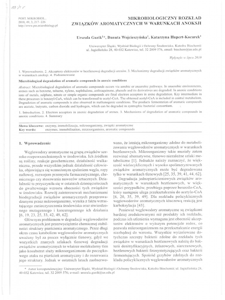 m,Ikrobiologiczny Rozklad Zwiazkow Aromatycznych w Warunkach Anoksji | PDF