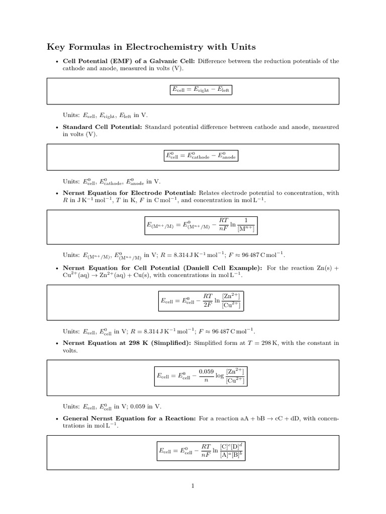 Electrochemistry Formula | PDF | Applied And Interdisciplinary Physics ...
