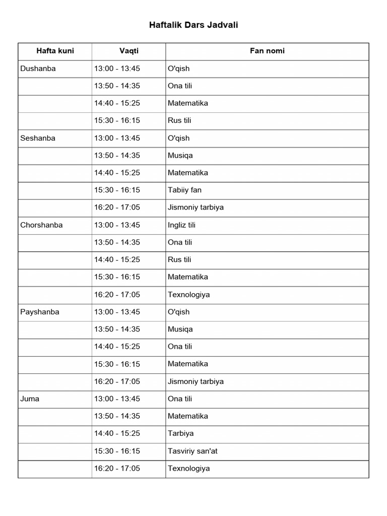 В Word_haftalik_dars_jadvali_jadval_bilan(1) | PDF