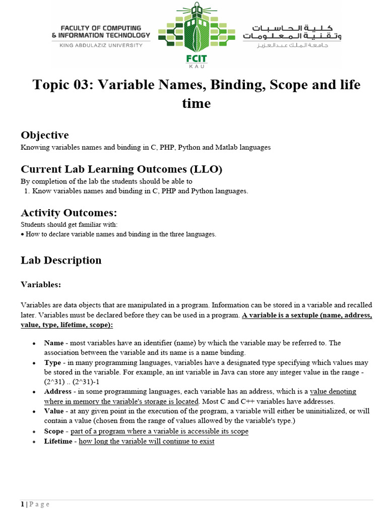 CPCS301 - Topic3 - Variable Names, Binding, Scope and Life Time | PDF | Variable (Computer ...