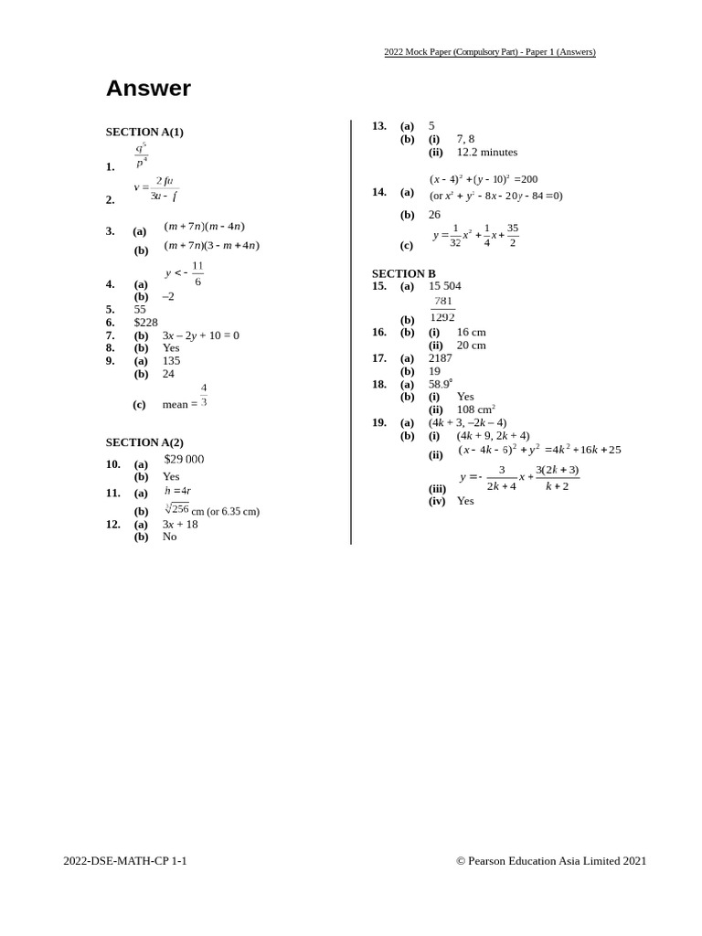 2022 DSE Mathematics Mock Paper Answers | PDF