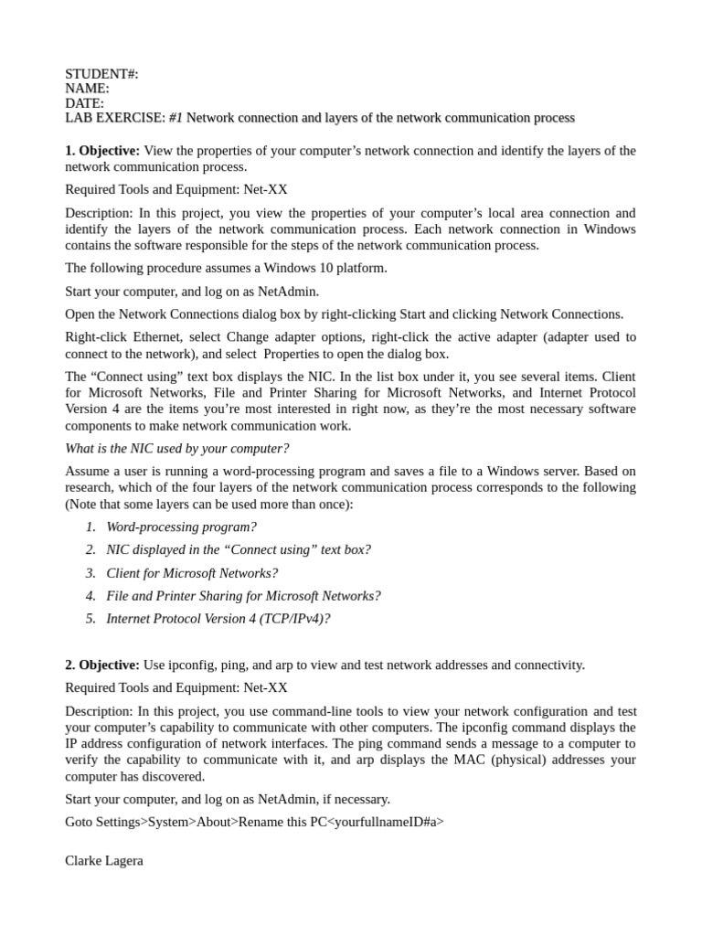 COMP1025Lab1.0 Network Connection and Layers of The Network ...