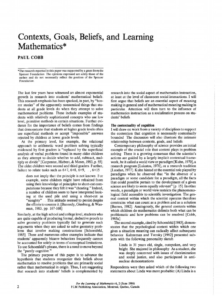 Contexts, Goals, Beliefs, and Learning Mathematics | PDF | Rationality | Mathematics