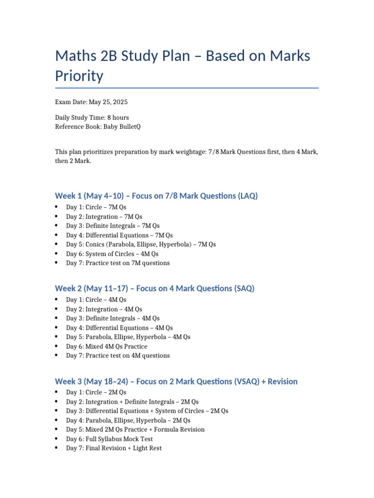Maths 2B Marks Priority Study Plan | PDF