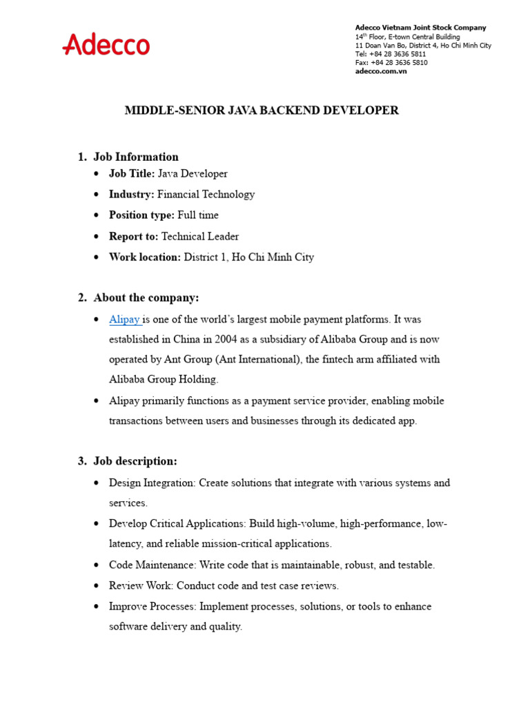 Middle Senior Java Backend Developer: Job Title: Industry: Position ...