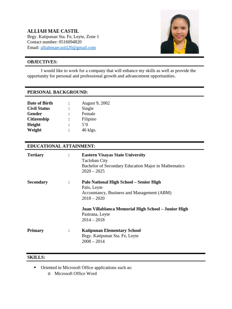 Alliah's Resume and Cover Letter | PDF | Cognition | Learning