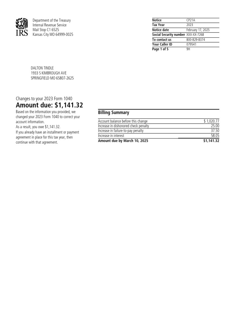 IRS Notice CP21A: Amount Due $1,141.32 | PDF | Internal Revenue Service ...