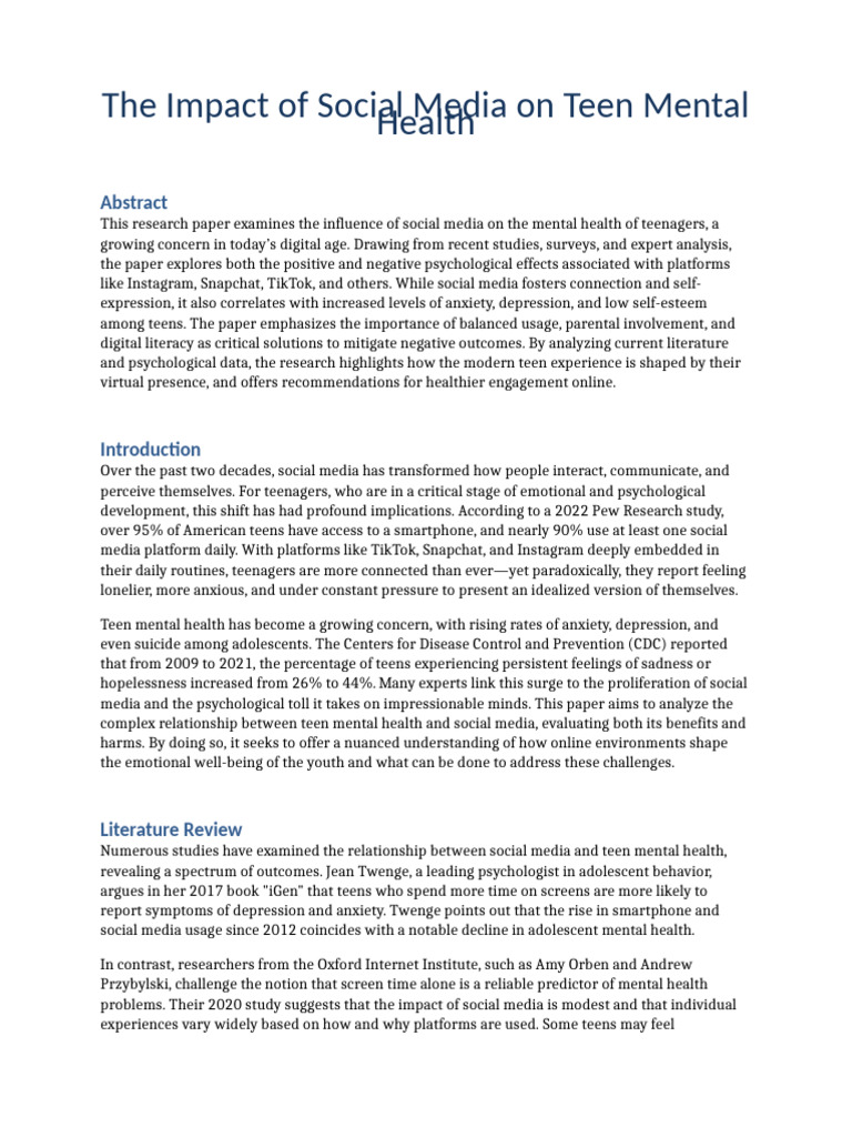 Social Media Teen Mental Health | PDF | Adolescence | Social Media