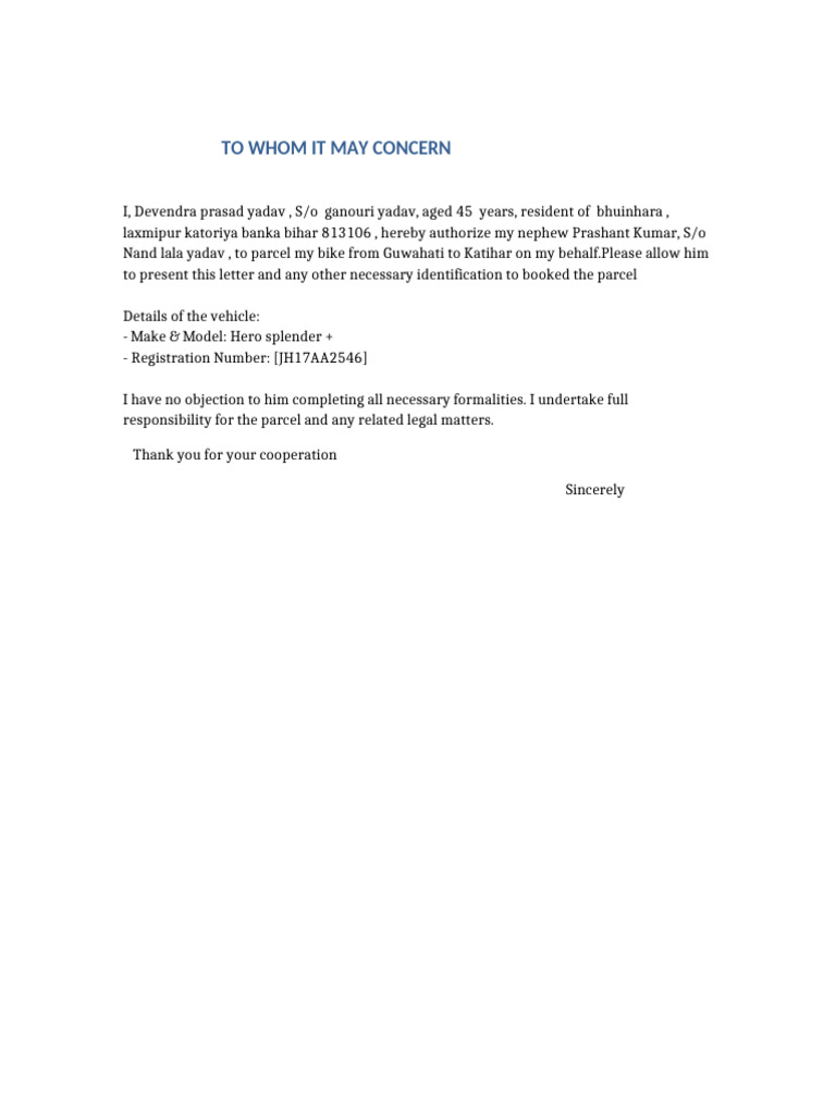 Undertaking Bike Parcel | PDF