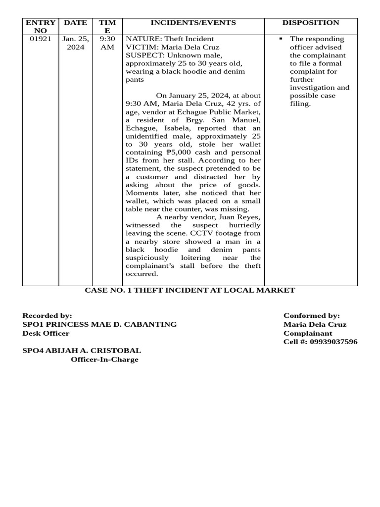 Police Blotter: Recent Incidents Report | PDF | Crimes | Crime & Violence