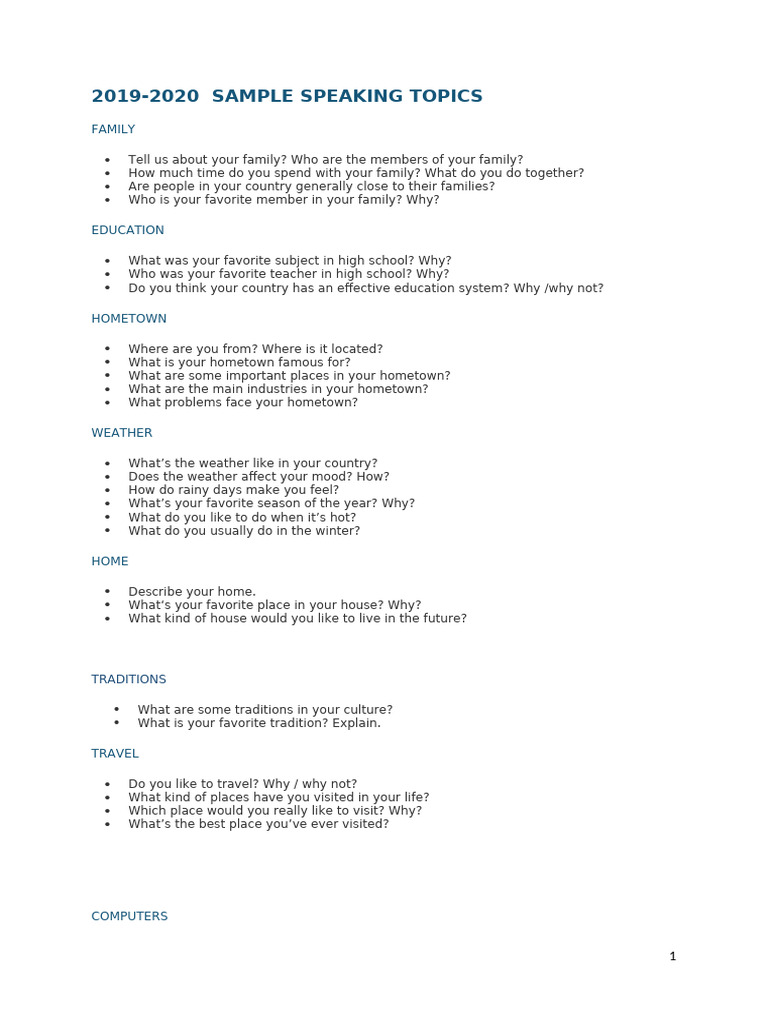 2019-2020 Sample Speaking Topics | PDF | Tourism