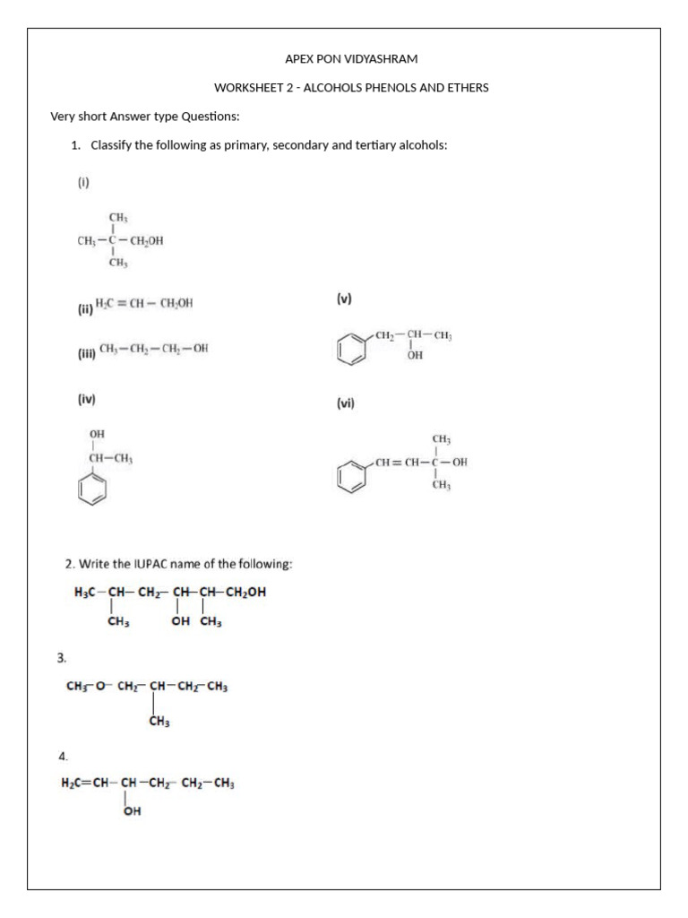 WORKSHEET 2- ALCOHOLS, PHENOLS AND ETHERS | PDF | Ether | Ethanol