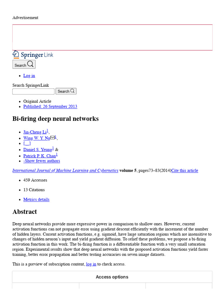 Bi-Firing Deep Neural Networks - SpringerLink | PDF | Deep Learning | Machine Learning