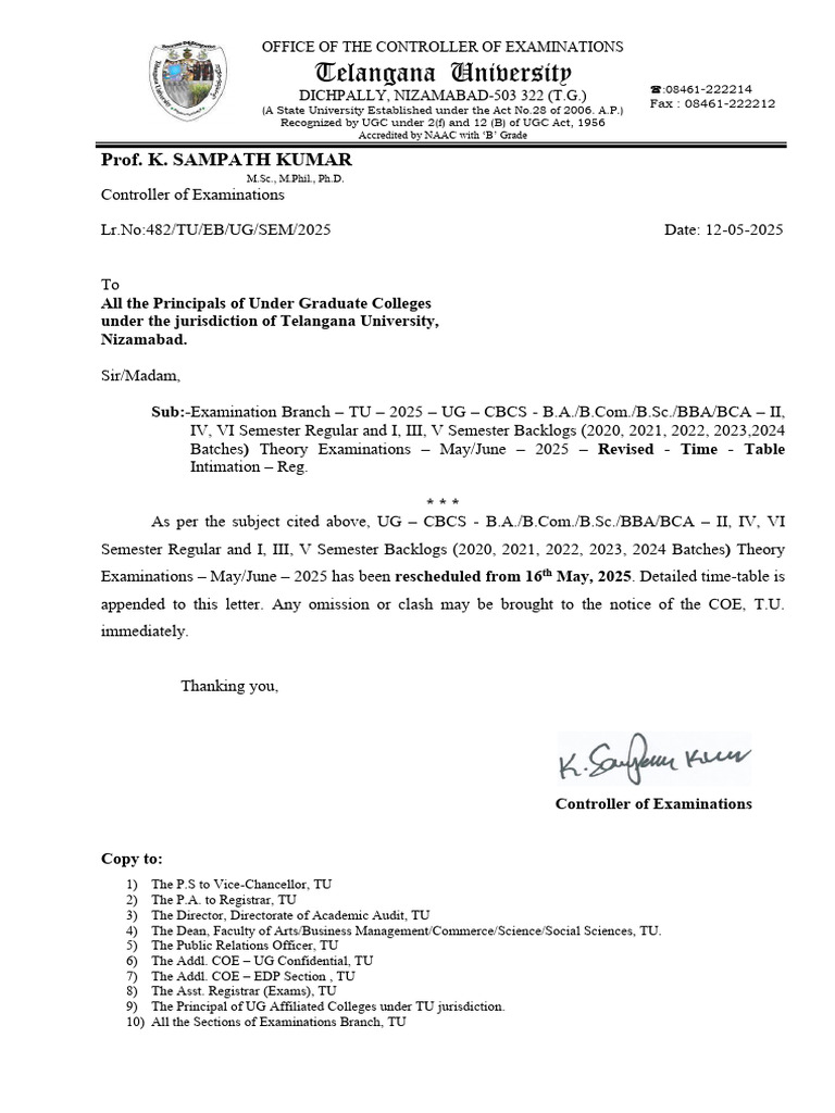 801revised Time Table of Ug II, IV, Vi Semester (Regular) and I, III, V Semester (Backlogs ...