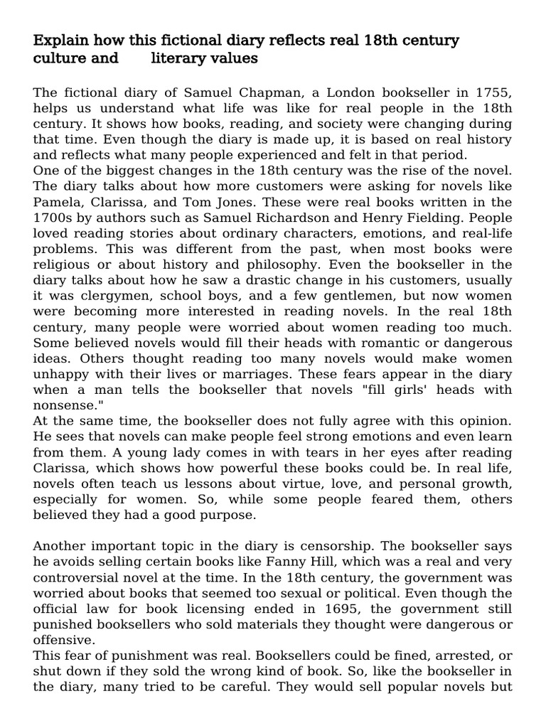 Explain How This Fictional Diary Reflects Real 18th Century Culture and ...