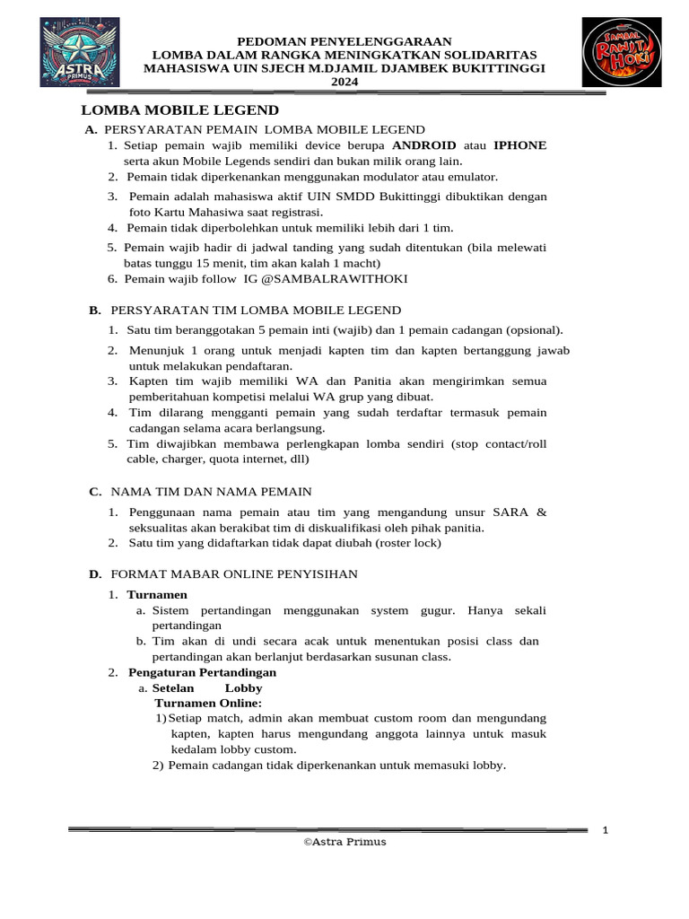 Juknis Turnamen Mobile Legend Astra Primus X Sambal Rawit Hoki | PDF