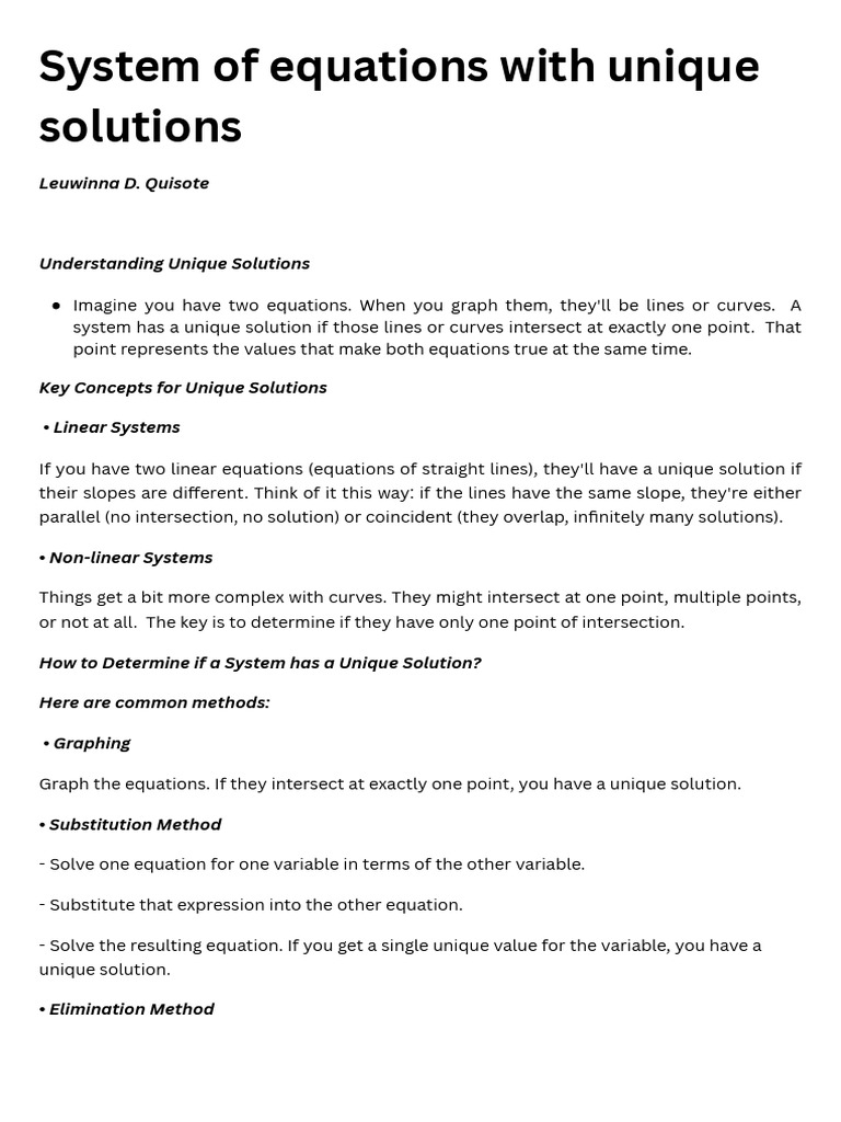 Quisote System of Equations With Unique Solutions | PDF | Equations ...