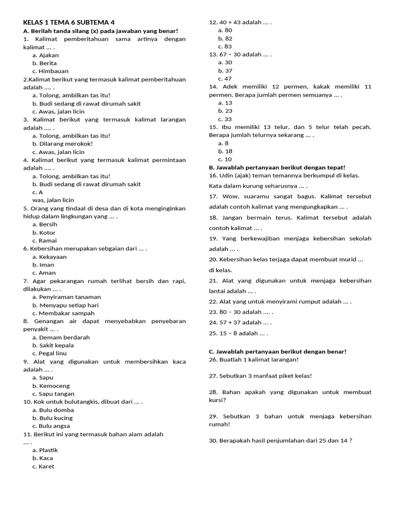 Kelas 1 Tema 6 Subtema 4 | PDF