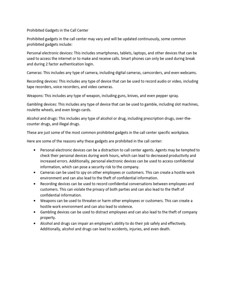 Call Center Prohibited Gadgets List | PDF