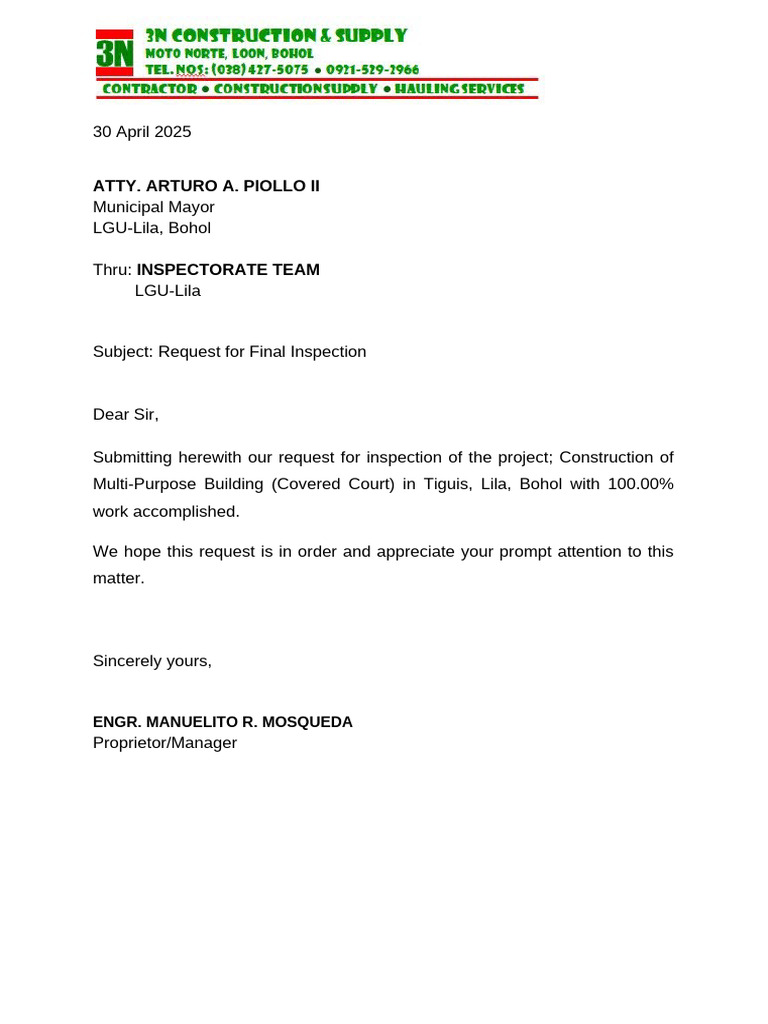 Request for Final Inspection: Multi-Purpose Building | PDF