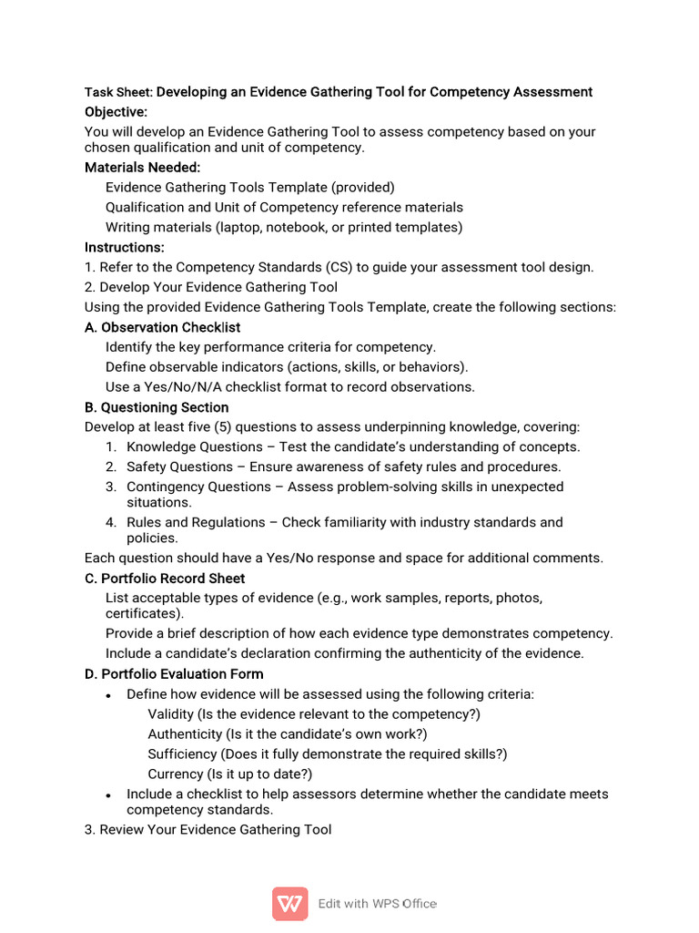 Evidence Gathering Tool for Competency Assessment | PDF | Educational ...