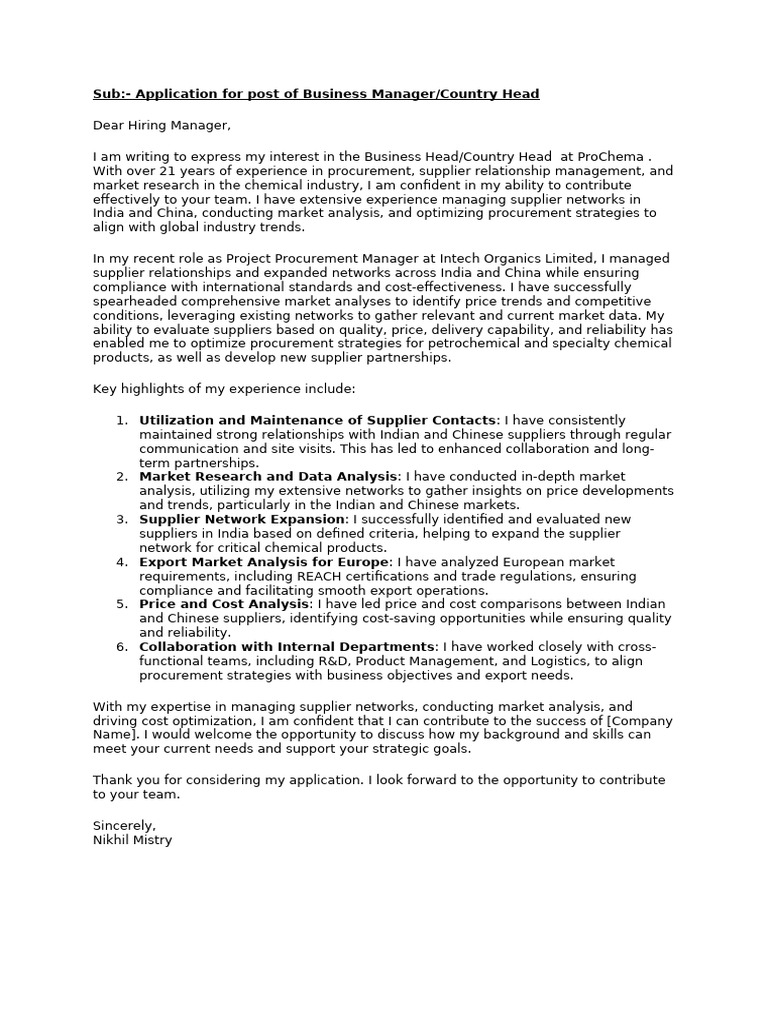 Cover Letter For Country Head | PDF | Supply Chain | Procurement