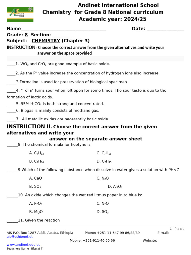 G - 8 - Exercise - 3 - Oxide, Acide, Base and Salt | PDF | Ph | Chemistry