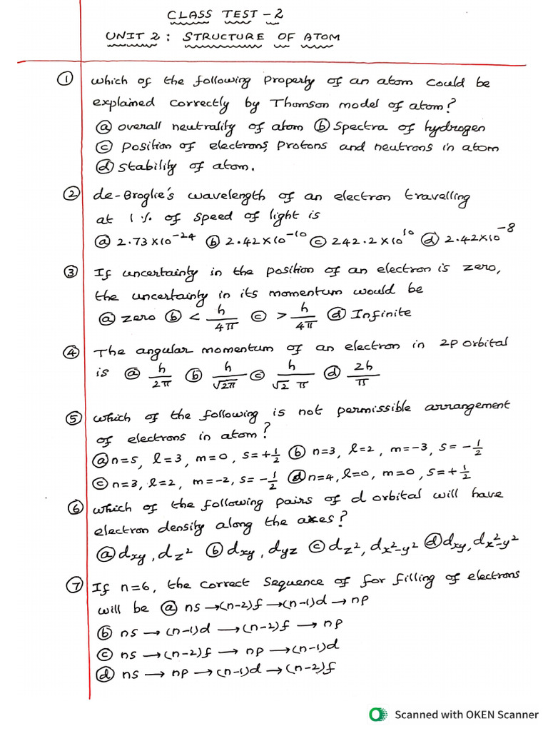 Class Test 2.unit-2 Atomic Structure | PDF