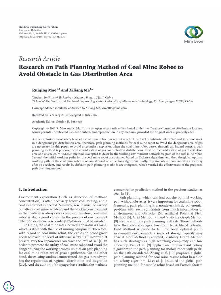Research On Path Planning Method of Coal Mine Robot To Avoid Obstacle in Gas Distribution Area | PDF