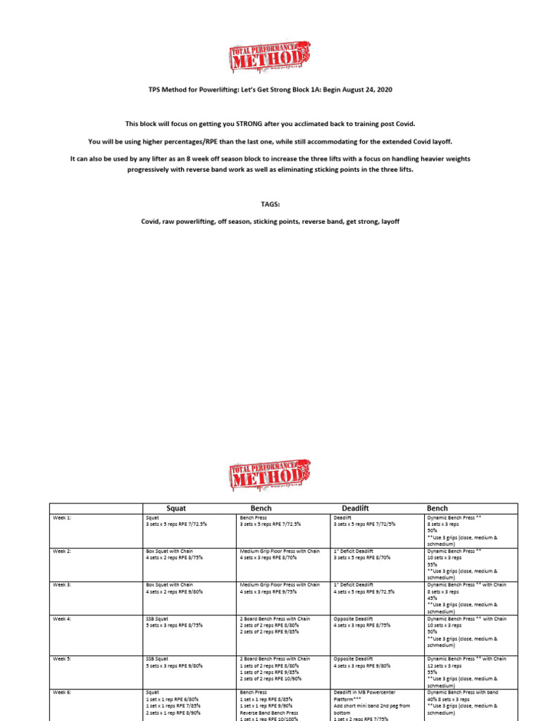 Lets Get Strong Block 1A - Begin August 24 2020 | PDF | Physical ...