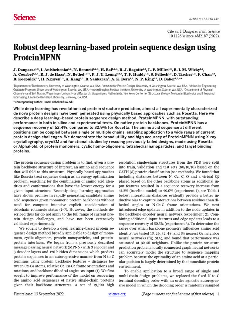 Robust Deep Learning-Based Protein Sequence Design Using ProteinMPNN | PDF | Proteins | Protein ...