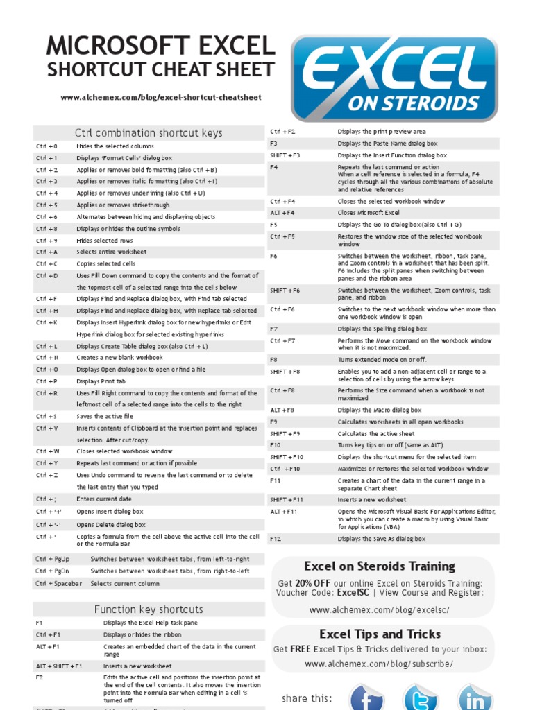 Excel Keyboard Shortcut Cheatsheet Control Key Visual Basic For