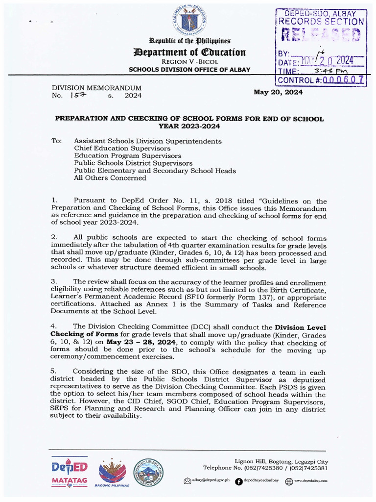 DM 157 S. 2024 Preparation and Checking of School Forms For End of School Year 2023 2024 1 | PDF