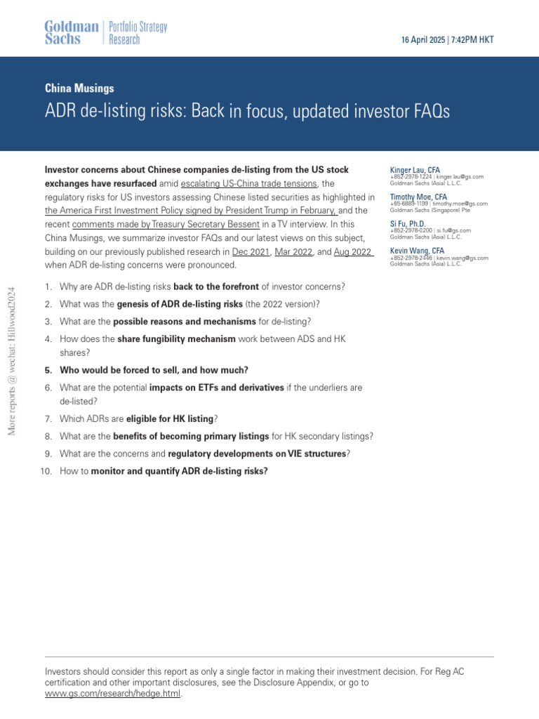 1.China Musings_ ADR de-listing risks_ Back in focus, updated investor FAQs_protected | PDF ...