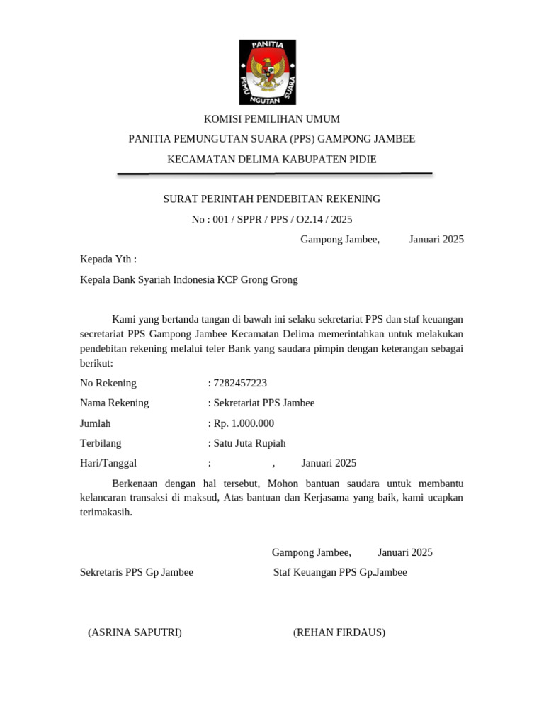 SURAT PENDEBITAN REKENING Jambee | PDF