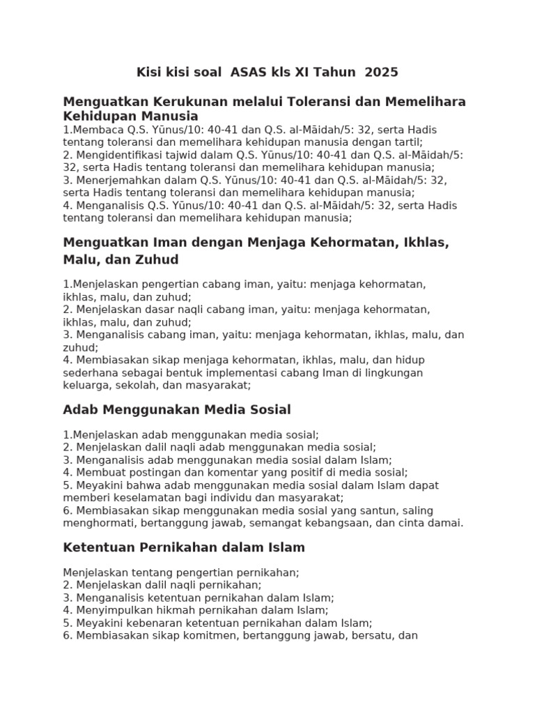 Kisi Kisi Soal ASAS Kls XI Tahun 2025 | PDF