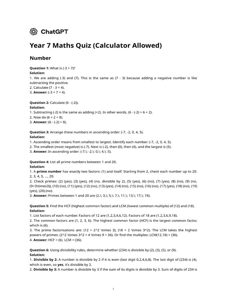 Year 7 Maths Quiz (Calculator Allowed) Good | PDF | Rectangle | Area