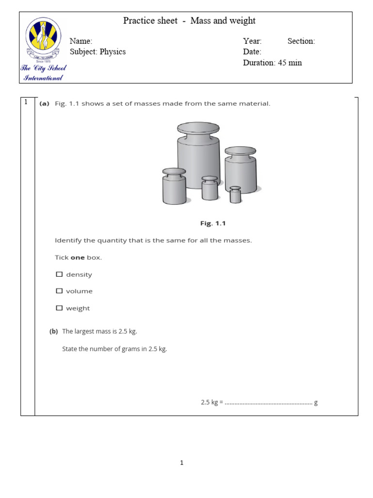 Mass & Weight Practice Sheet | PDF | Weight | Mass