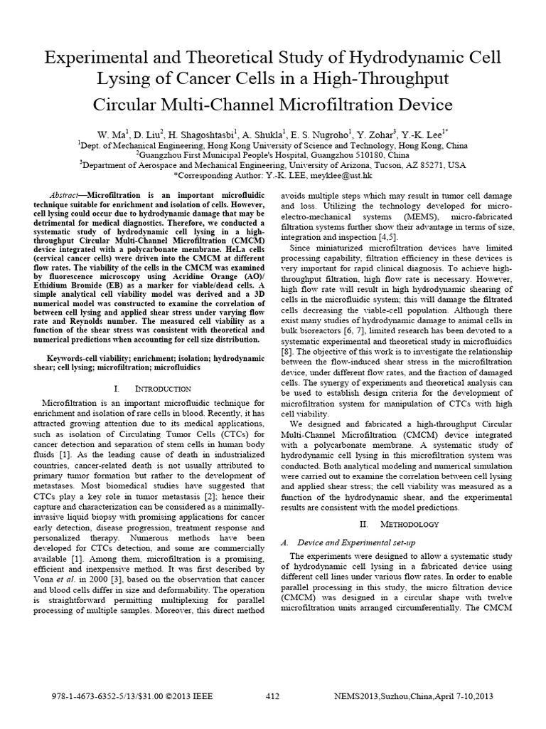 IEEE NEMS 2013 Cell Filtration Viability | PDF | Shear Stress | Microfluidics