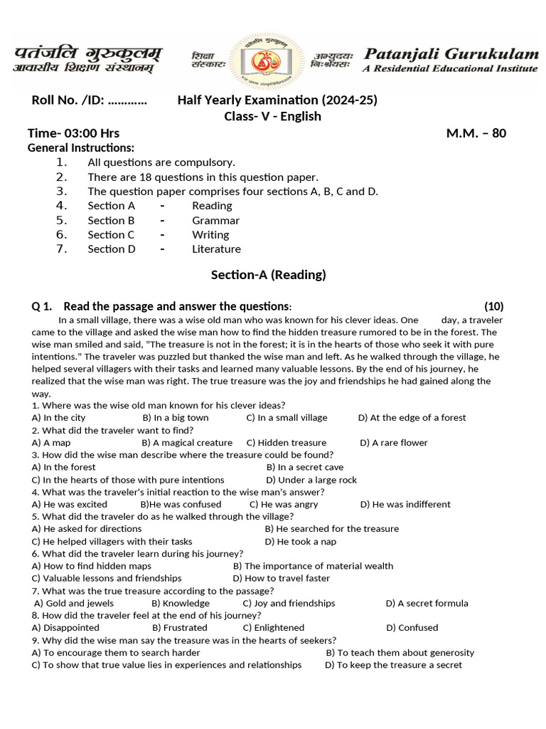 Class 5 English Half Yearly Exam Paper | PDF | Adjective