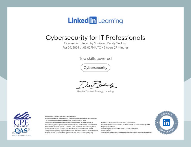 CertificateOfCompletion - Cybersecurity For IT Professionals | PDF